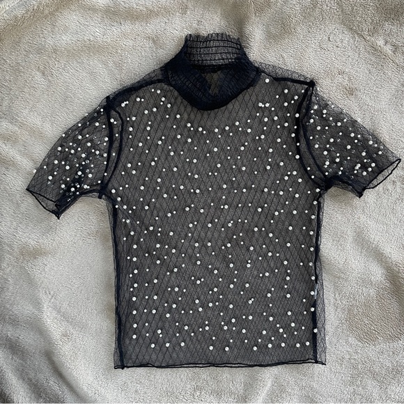 Tops | Sheer Black Top With White Pearls | Poshmark